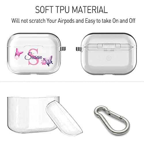 Custom Name & Initial Crystal Clear Airpods Case for Apple AirPod Pro and 3rd Generation,Thin Shockproof Protective Customized Transparent Case(Purple Butterfly)
