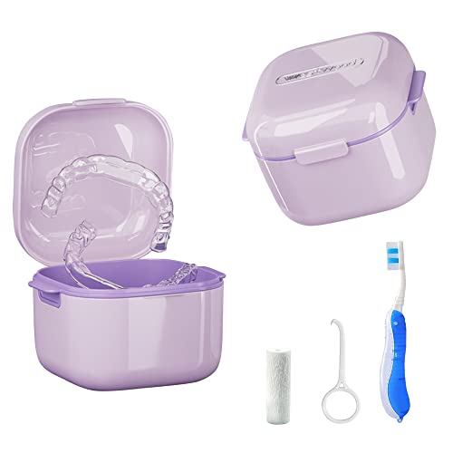 Denture Cup Bath,Portable Denture Case with Strainer Basket,braces False Teeth Storage Box Holder,Retainer case Cleaning,Soak Cup,With braces chewable tablets and Extractor(purple)…