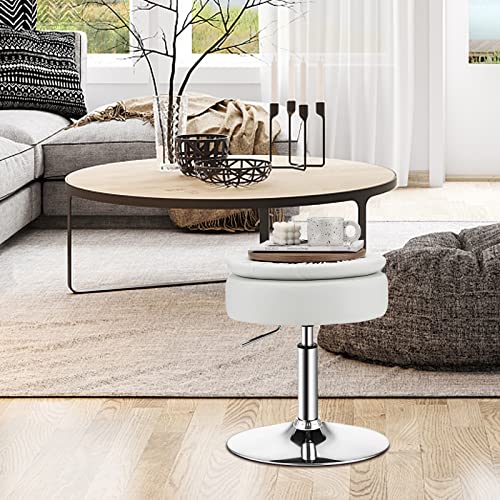 COSTWAY Counter Height Bar Stool, Tufted PU Leather 20"-26" H Adjustable Swivel Vanity Chair with Removable Tray Top and Storage Space, Modern Round Ottoman for Makeup Kitchen Island Shop, White