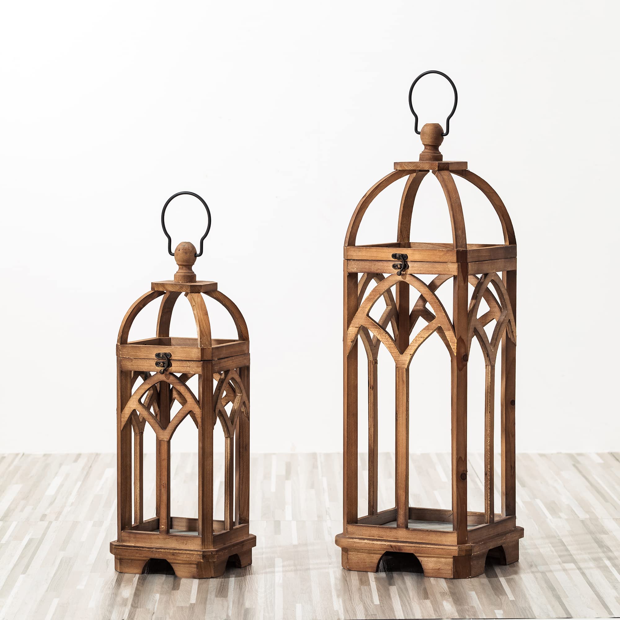 Glitzhome Farmhouse Decorative Lanterns Wooden Candle Lantern Church Window Frame Lanterns for Wedding Mantle Entryway Home Patio Balcony Garden, Pack of 2, Natural, No Glass