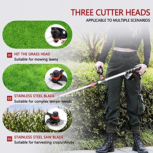 Electric Weed Wacker Battery Powered Weed Eater, 120cm-170cm Cordless String Trimmer Battery Powered Weed Wacker Lightweight Grass Cutter Machine with Battery, Charger and Wheel