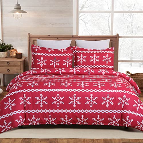 Dykoos Christmas Soft Brushed Microfiber Duvet Cover Set, Holiday Themed Snowflakes, Red and White, Queen Size with Zipper Closure, 1 Duvet Cover and 2 Pillow Shams