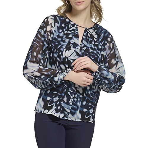 Calvin Klein Women's Essential Shirred Front Longsleeve Printed Blouse, TWILGHT Blue/Black, Medium