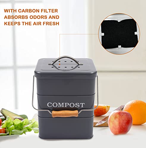Compost Bin Kitchen Countertop Indoor Compost Pail Bucket, Great for Food Scraps, Carbon Steel, Handles, Gray, 1 Gallon - Includes Charcoal Filter