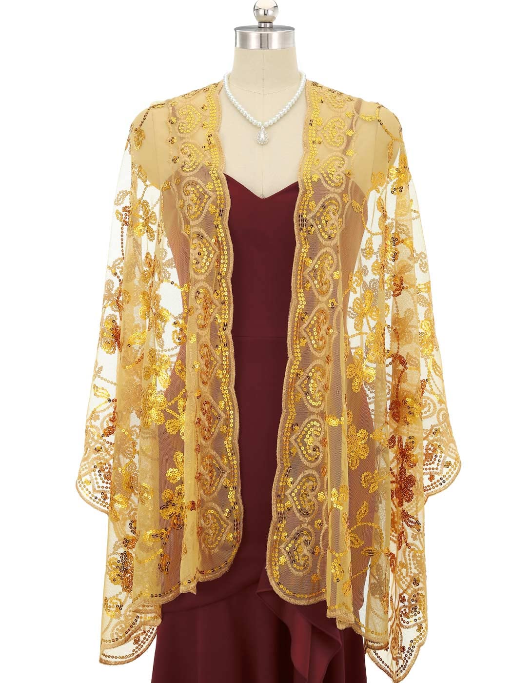 Aukmla Sequin Shawls and Wraps for Evening Dresses 1920s Lace Scarf Wedding Spakle Cape Cover Up Wedding Accessories(A Gold)