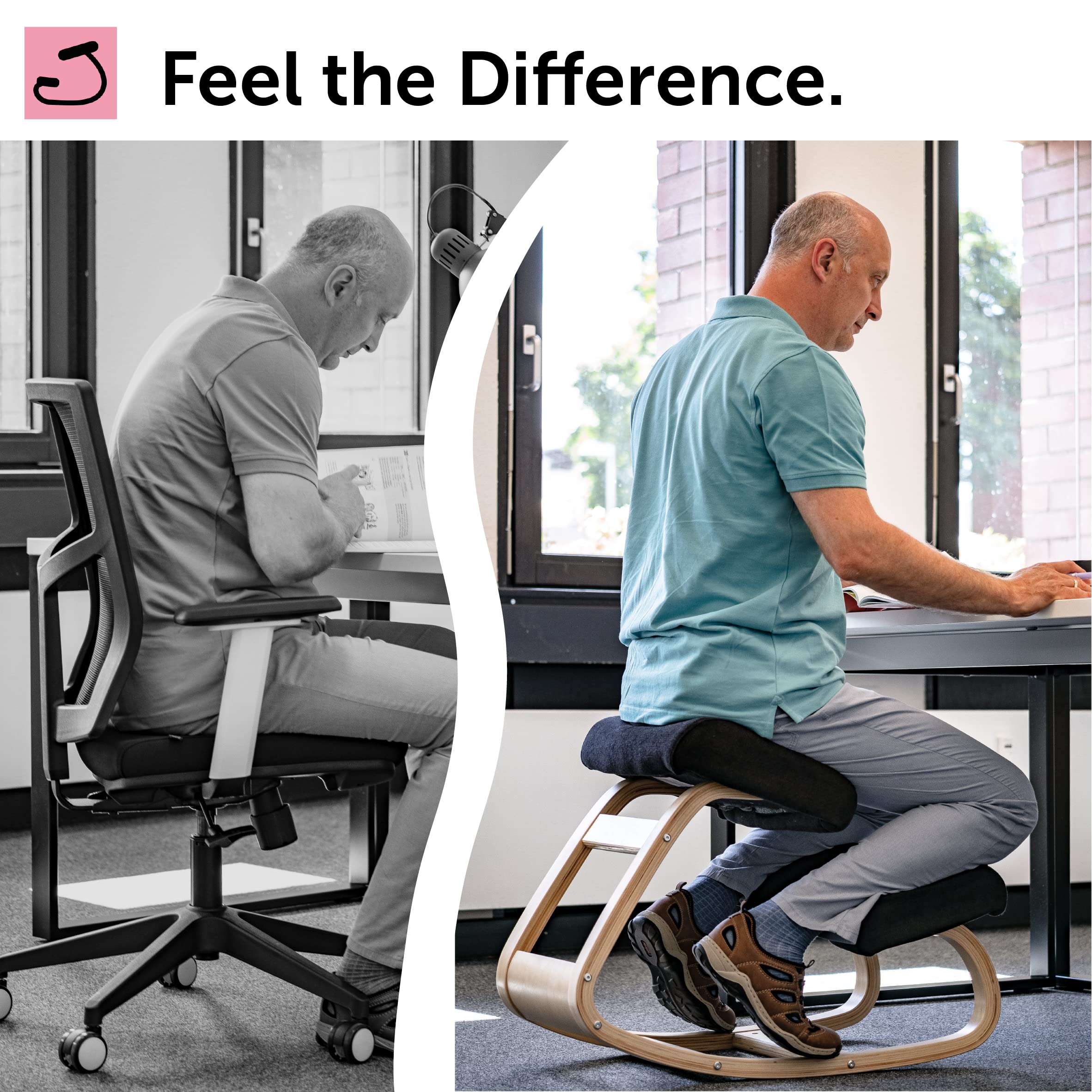 VILNO Ergonomic Kneeling Office Chair - Rocking Home & Work Wooden Computer Desk Chairs, Back & Neck Spine Pain, Better Posture, Ergo Knee Support Stool, Cross Legged Sitting (Black)