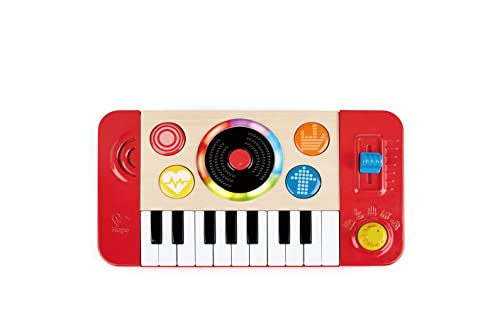 Hape Kids Portable DJ Mix and Spin Studio Music Toy Playset with Lights, Sound, and 18 Key Keyboard for Kids Ages 1 to 5 Years , Red