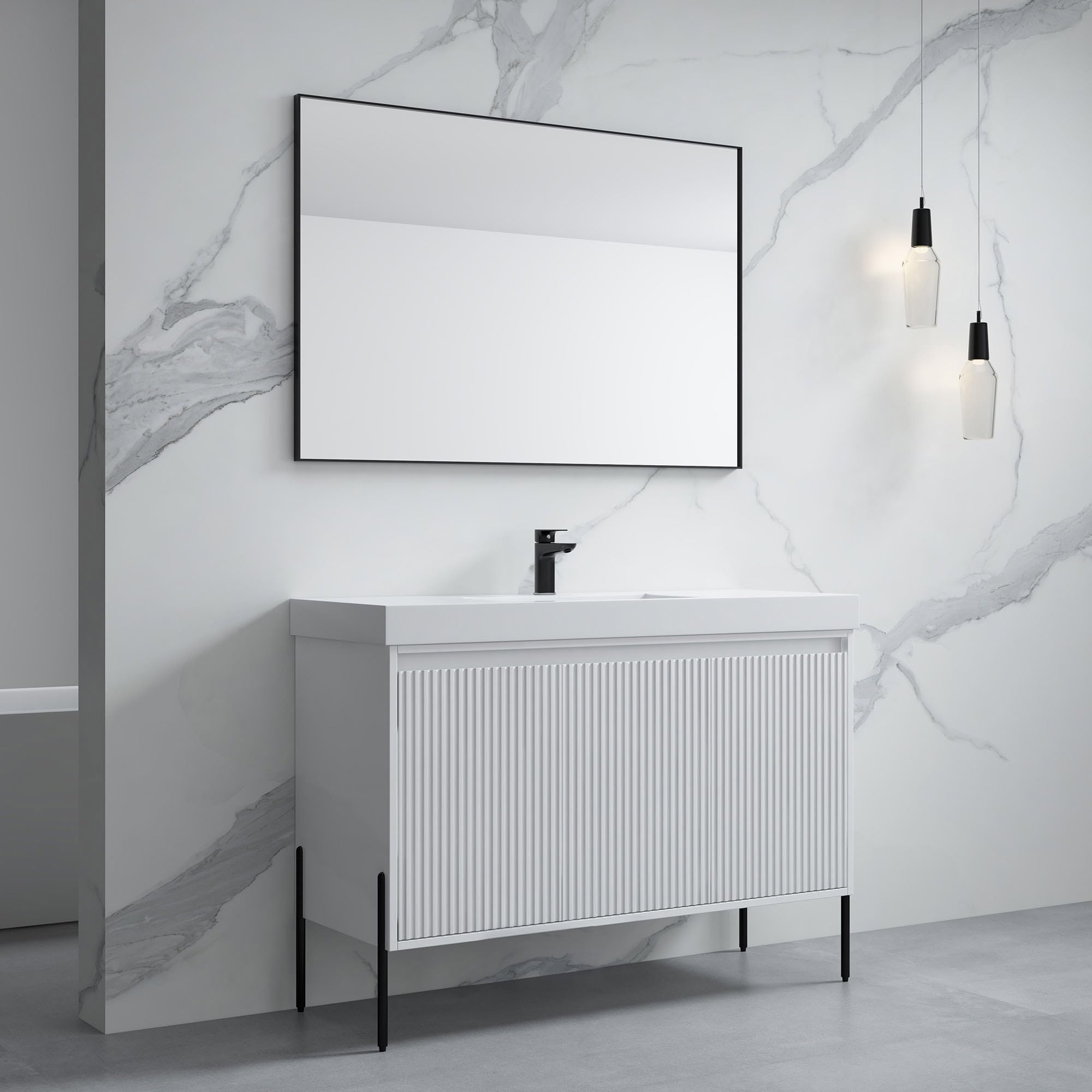 Dowell 48" Inch White Bathroom Vanity with Single Gel/Resin White Sink Combo, Modern Bathroom Cabinet with Soft-Close Door, Freestanding Bathroom Vanity Set - 002 Series [Assembly Required]
