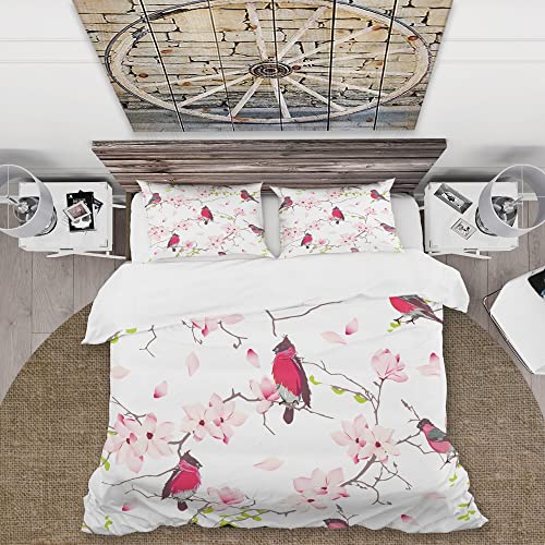 DESIGN ART Designart 'Red Bullfinches On Magnolia Tree' Traditional Duvet Cover Set King Cover + 2 King Shams 3 Piece