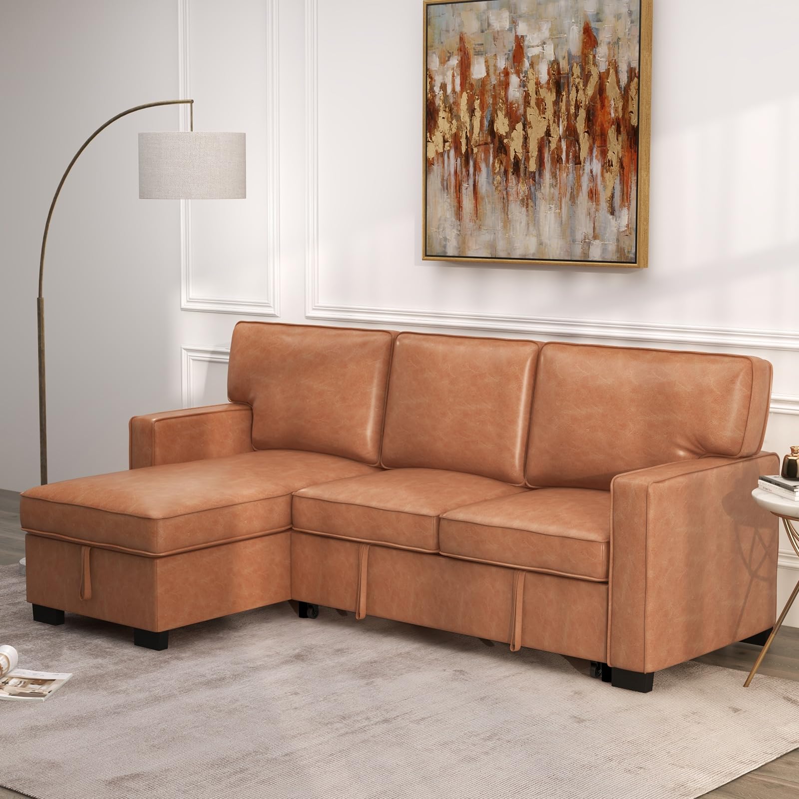 CANMOV Convertible Sleeper Sofa 3 in 1, Faux Leather Chaise Convertible Sofa Bed with Reversible Chaise L Shaped Sleeper Sofa with Storage, Couch Bed Sofa Pull Out Sofa Beds, Brown