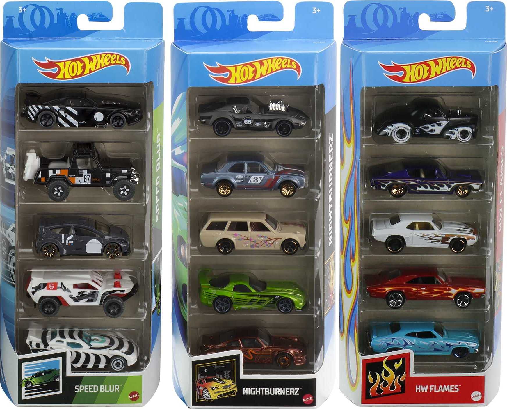 Hot Wheels Fast Pack Bundle with 15 Cars, 3 5-Packs of 1:64 Scale Racing Vehicles Themed Speed Blur, Nightburnerz & HW Flames, Gift for Collectors & Kids 3 & Up [Amazon Exclusive]