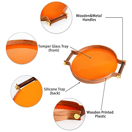 DalimFun Reversible Glass Serving Tray with Wooden Handles for Coffee Table, Vanity, Jewerly, Perfume and Make up Decorative Tray, Orange