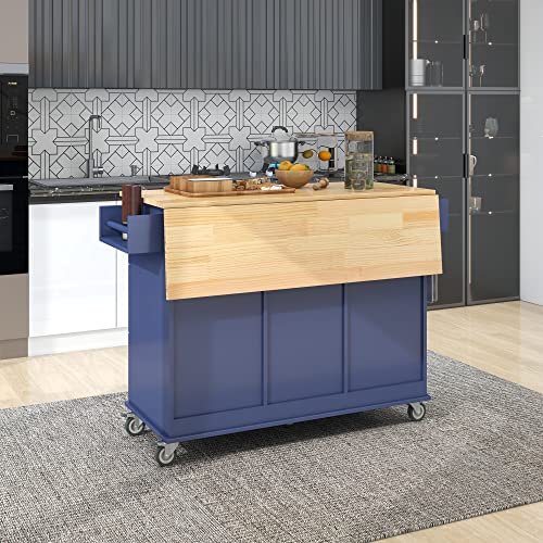 FEELLE Rolling Mobile Kitchen Island with Drop Leaf - Solid Wood Top, Locking Wheels & Storage Cabinet 52.7 Inch Width(Dark Blue)