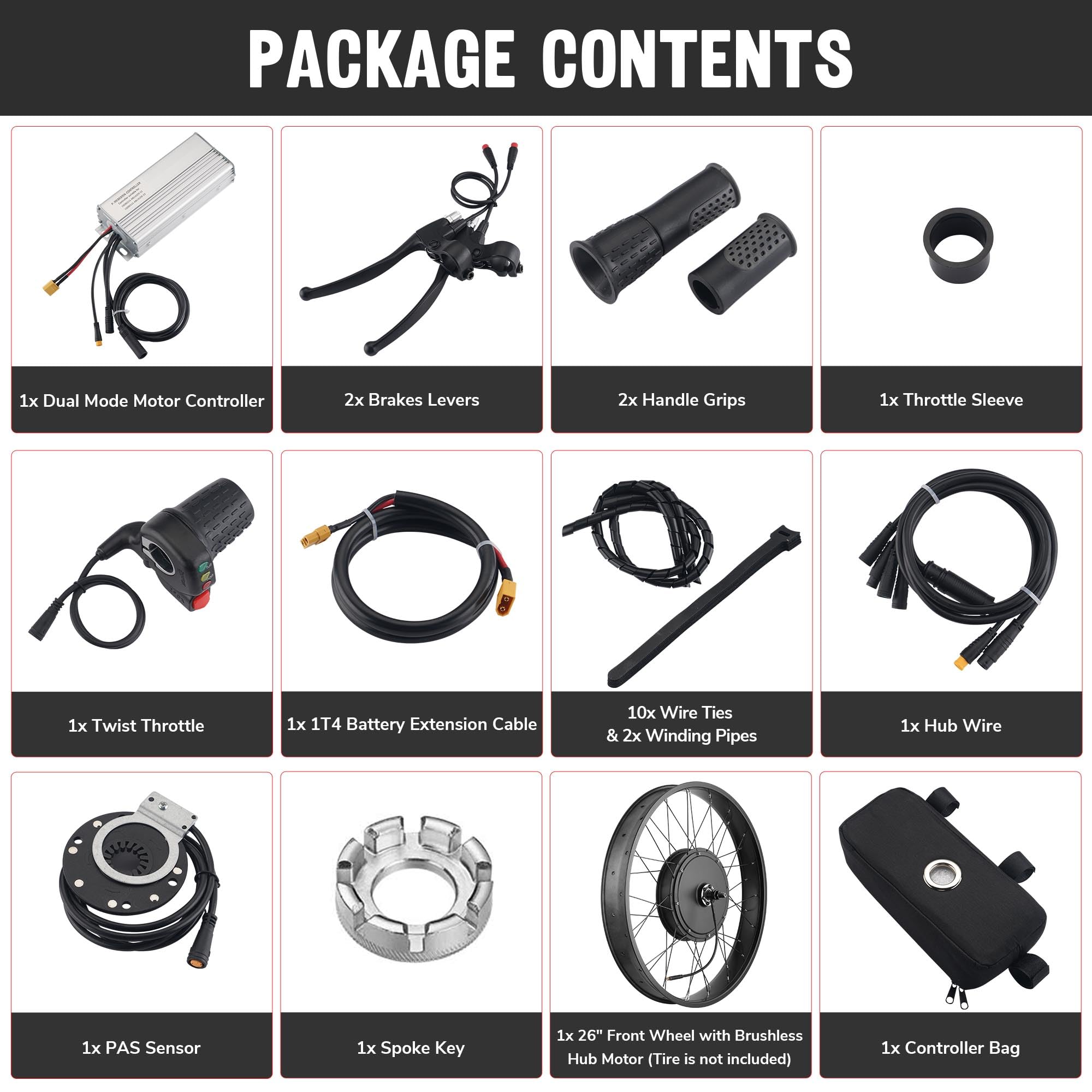 AW Electric Bike Conversion Kit 48V 1000W 26" Front Wheel E-Bike Conversion Kit for Fat Tire Bike Frame Ebike Wheel Kit Cycling Brushless Gearless Hub Motor Kit