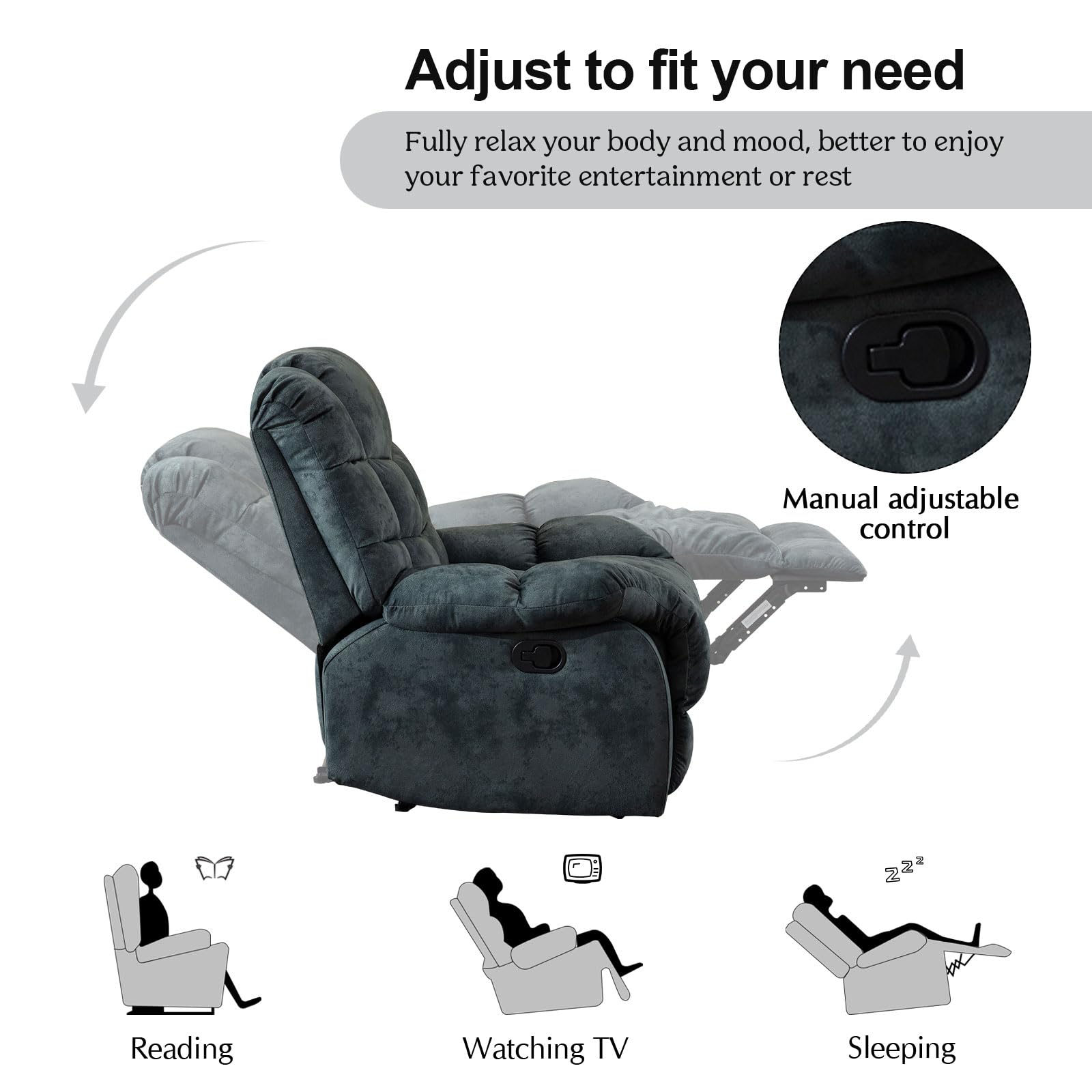 CANMOV Manual Reclining Sofa, 3 Seat Recliner Sofa with Armrest and Overstuffed Backrest, Couch Set for Living Room, Bedroom, Office, Grey