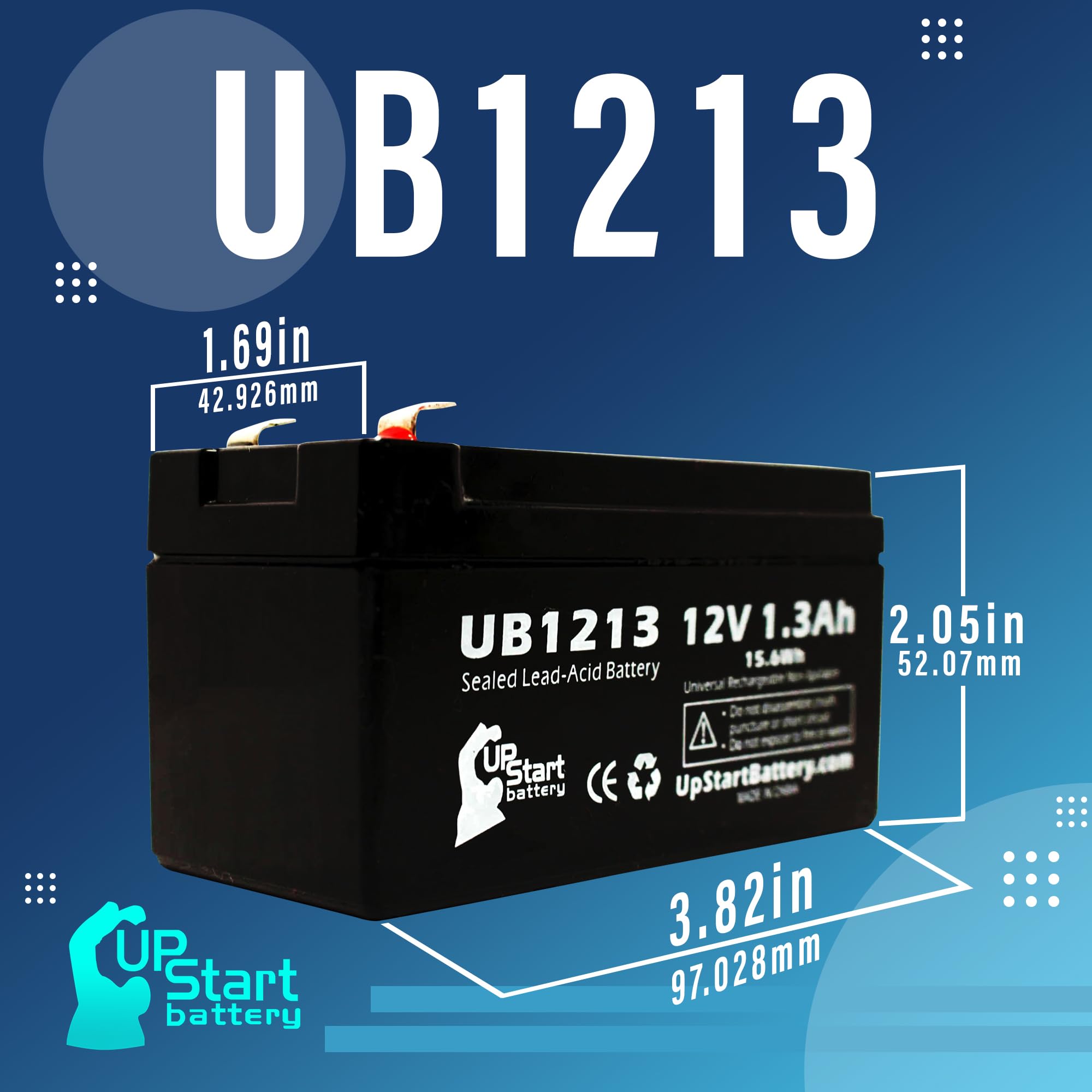 Replacement for Werker WKA12-1.3F Battery - Replacement UB1213 Universal Sealed Lead Acid Battery (12V, 1.3Ah, 1300mAh, F1 Terminal, AGM, SLA) - Includes Two F1 to F2 Terminal Adapters