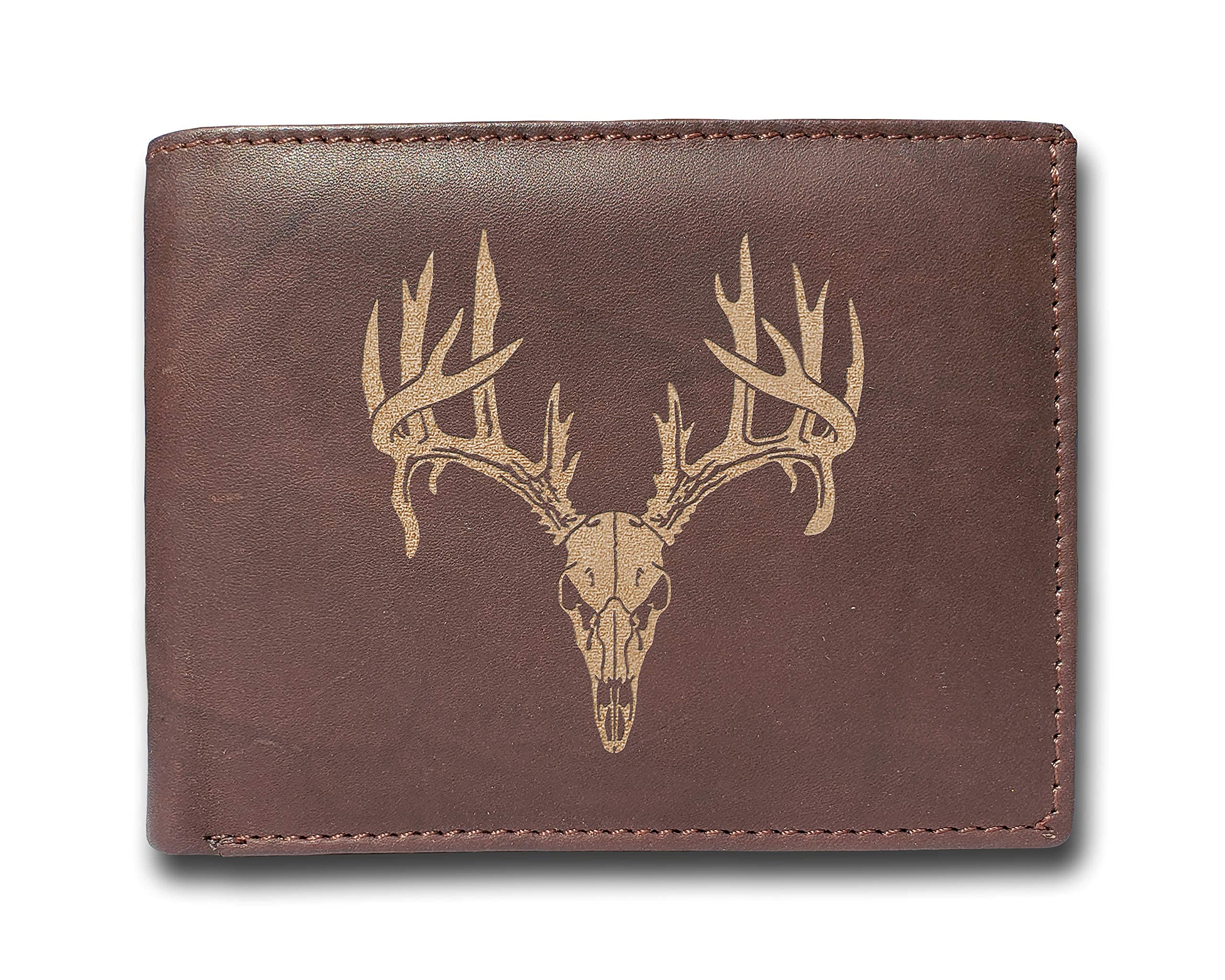 Deer Buck Antlers Skull Hunting Cowhide Leather Laser Engraved Engraving Slimfold Mens Large Capacity Luxury Wallet Purse Minimalist Sleek Slim Brown Credit Card Holder Organizer 14 Pocket with RFID