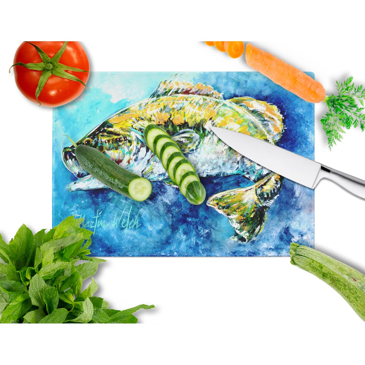 Caroline's Treasures MW1220LCB Bobby the Best Bass Glass Cutting Board Large Decorative Tempered Glass Kitchen Cutting and Serving Board Large Size Chopping Board