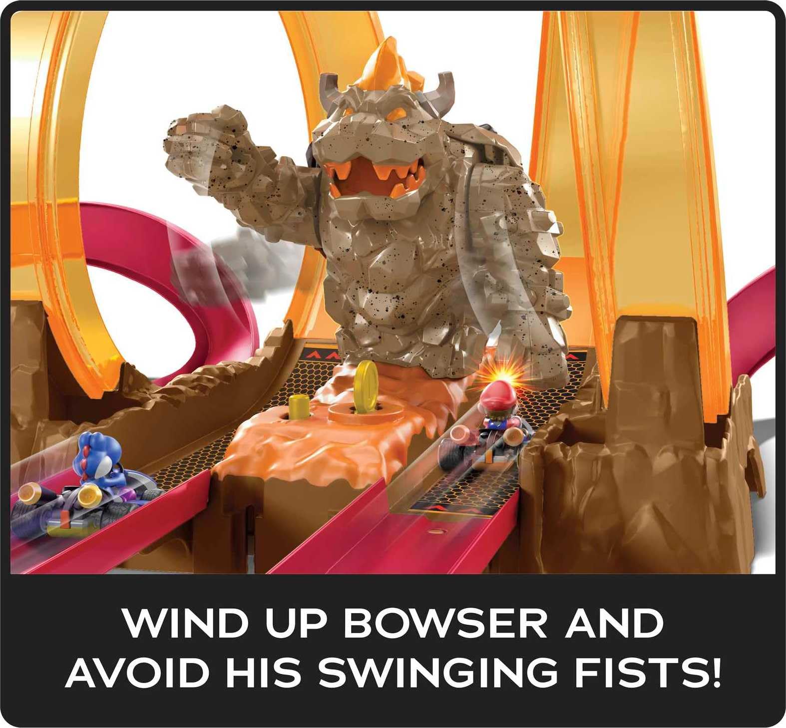 Hot Wheels Mario Kart Bowser’s Castle Chaos Modular Track with Side by Side Racing Lap Flags and Bowser Figure Connects to Other Sets Gift idea for Ages 3 Years and Older