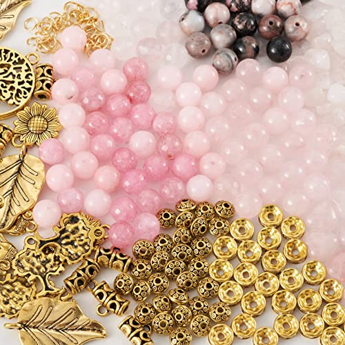 Cheriswelry Box of 8mm Gemstone Beads Bracelet Making Kit with Natural Mixed Stone Beads Rhinestone Spacer Beads Alloy Pendants Elastic Thread Jump Ring for Jewelry Making Crafts (254Pcs/Box)