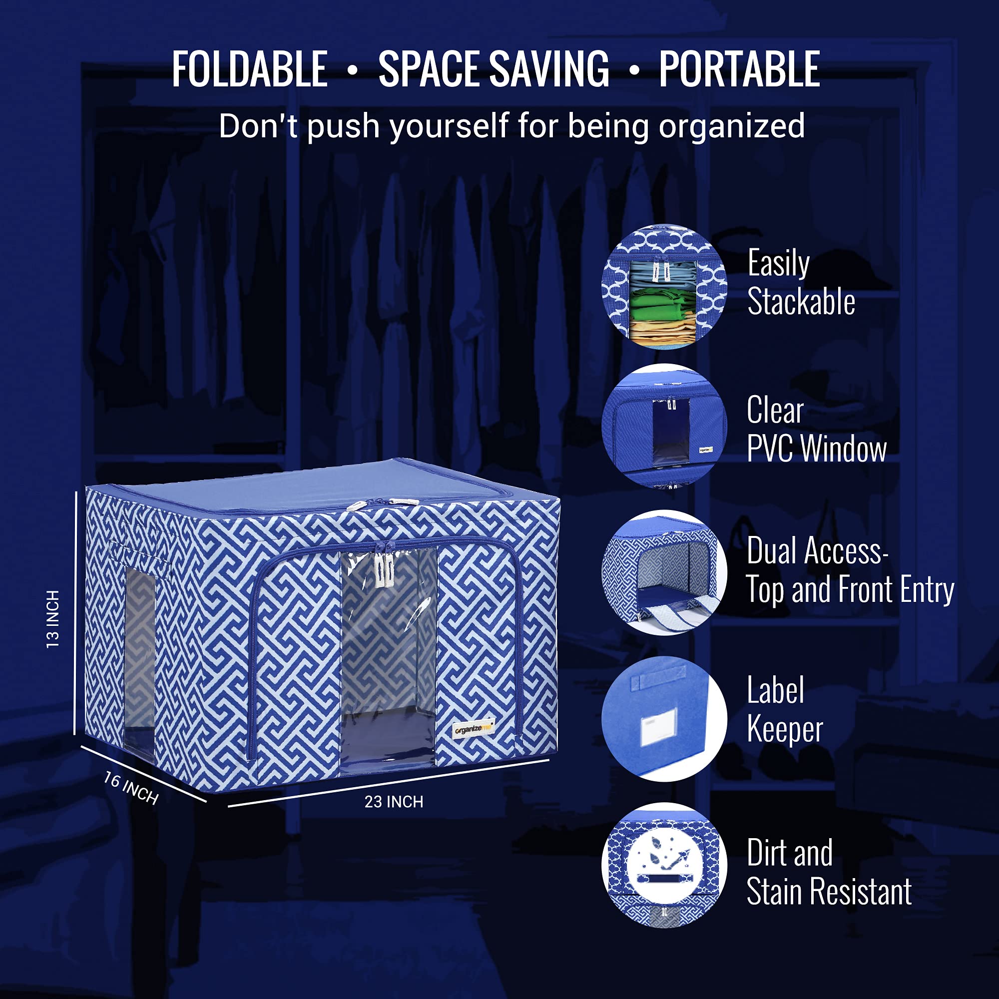 Foldable Clothes Storage Bag Organizer Pop Up Bins Strong Handle Quality Fabric for Collapsible Closet Boxes 4 Pack (Large) (Blue COBALT)