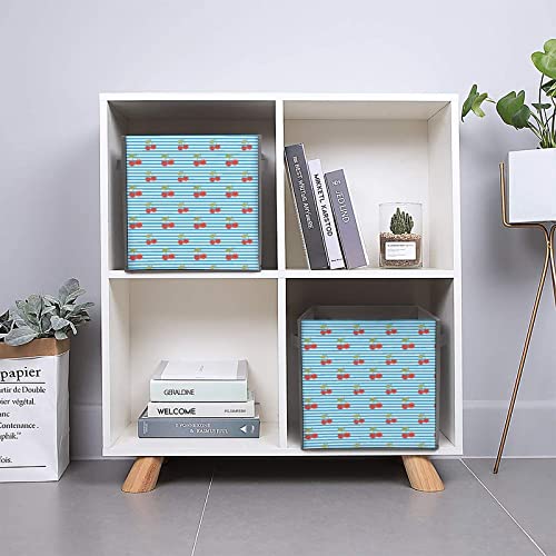 Cherries Pattern with Blue Stripes Storage Bins Cubes Foldable Fabric Organizers with Handles Clothes Bag Book Box Toys Basket for Shelves Closet 10.6"