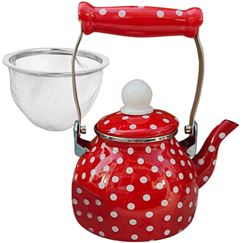 CALLARON Enamel Tea Kettle Enamel Tea Kettle Metal Tea Pot Hot Water Boiling Jug with Wood Filter Coffee Maker Water Warmer Gas Stovetop Teapot for Home Kitchen Winter 1.5L Red