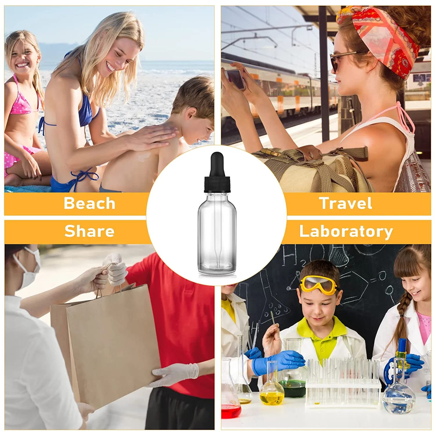 BOSTON ROUND GLASS BOTTLES WITH GLASS DROPPERS | 1oz (30ml) | Clear| Pack of 100