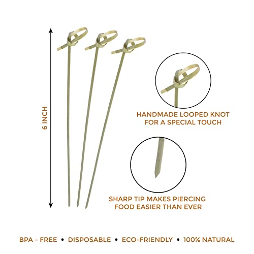 Cocktail Picks - Bamboo Skewers - Long Toothpicks for Appetizers - Eco Friendly Skewer Sticks - Fancy for Martini Drinks & Food Appetizer - Charcuterie Accessories - 6 inch Wooden Knot Pick 100 pcs