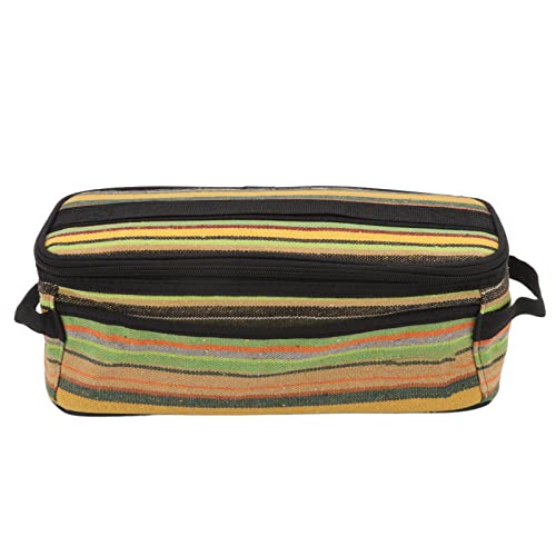 Camping Utensil Bag, Multipurpose Thickened Canvas Net Pocket Cover Green Stripe Camping Tableware Storage Bag for Travel