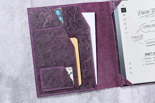 Black Purple tooled embossing leather remarkable 2 case with pen holder, reMarkable 2 folio organizer cover, N05-LRMBPU