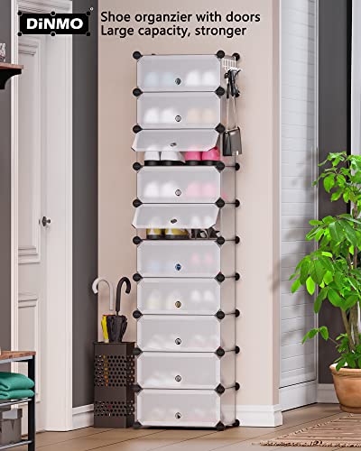 DINMO 10-Tier Shoe Rack with Doors for Entryway, 20 Pairs, Portable Plastic Cubby Shoe Shelves Organizer Unit, DIY Shoe Cabinet, White