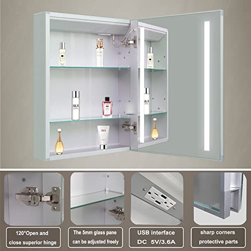 ExBrite Led Medicine cabinets for Bathroom with Mirror,20x26 inch,Single Door,Recessed Or Surface Mount,Adjustable Shelves,Medicine Cabinet Wall Mounted,Defog,Dimming,(Right Opening Door)