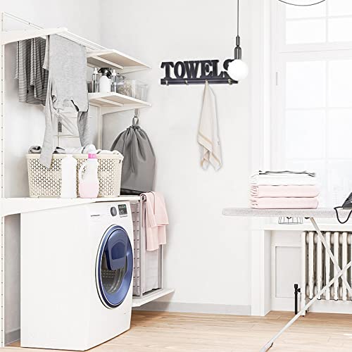 Black Wood Towel Hooks for Bathroom Decorative Cutout Word Sign Wall Decor, Wall Mounted Towel Rack Hanger Hanging Word Sign with 4 Hanging Hooks