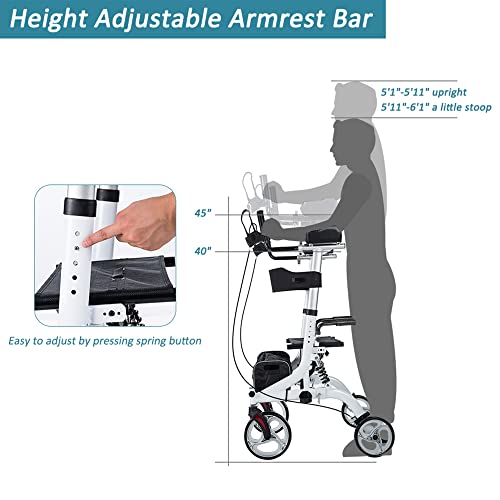 ELENKER Upright Rollator Walker, Stand Up Rollator Walker with Shock Absorber, 10β Front Wheels and Carrying Pouch, Suitable for Outdoor, White