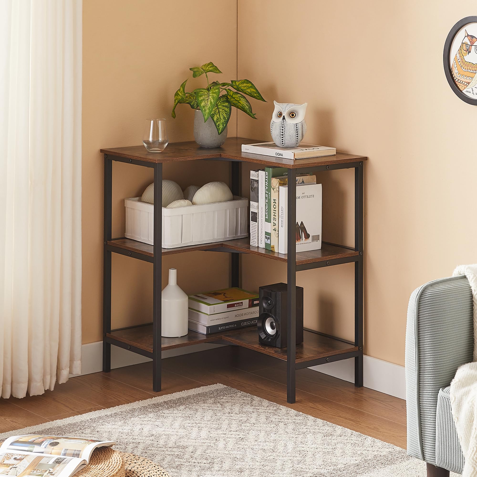 VECELO Corner Cabinet Table with 3 Tier Open Shelf, Multipurpose Display Organizer Storage Stand, for Small Space Living Room Home Office Kitchen, Rustic Brown