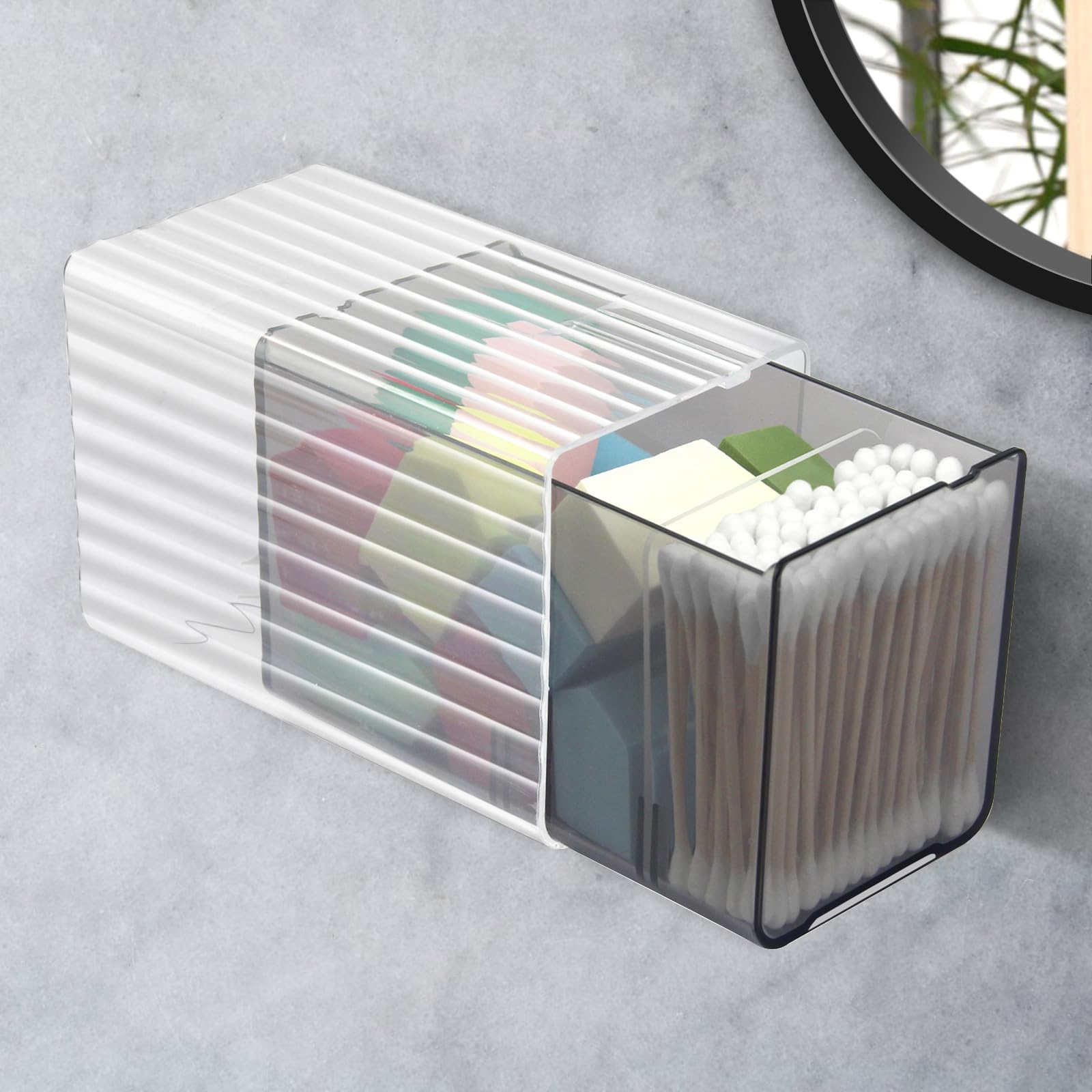 Poeland Wall Mounted Storage Box, Cotton Swab Container with Divider, Bathroom Small Item Organizer for Cotton Swabs, Cotton Balls, Hairpin, Floss, Rubber Band (Green)