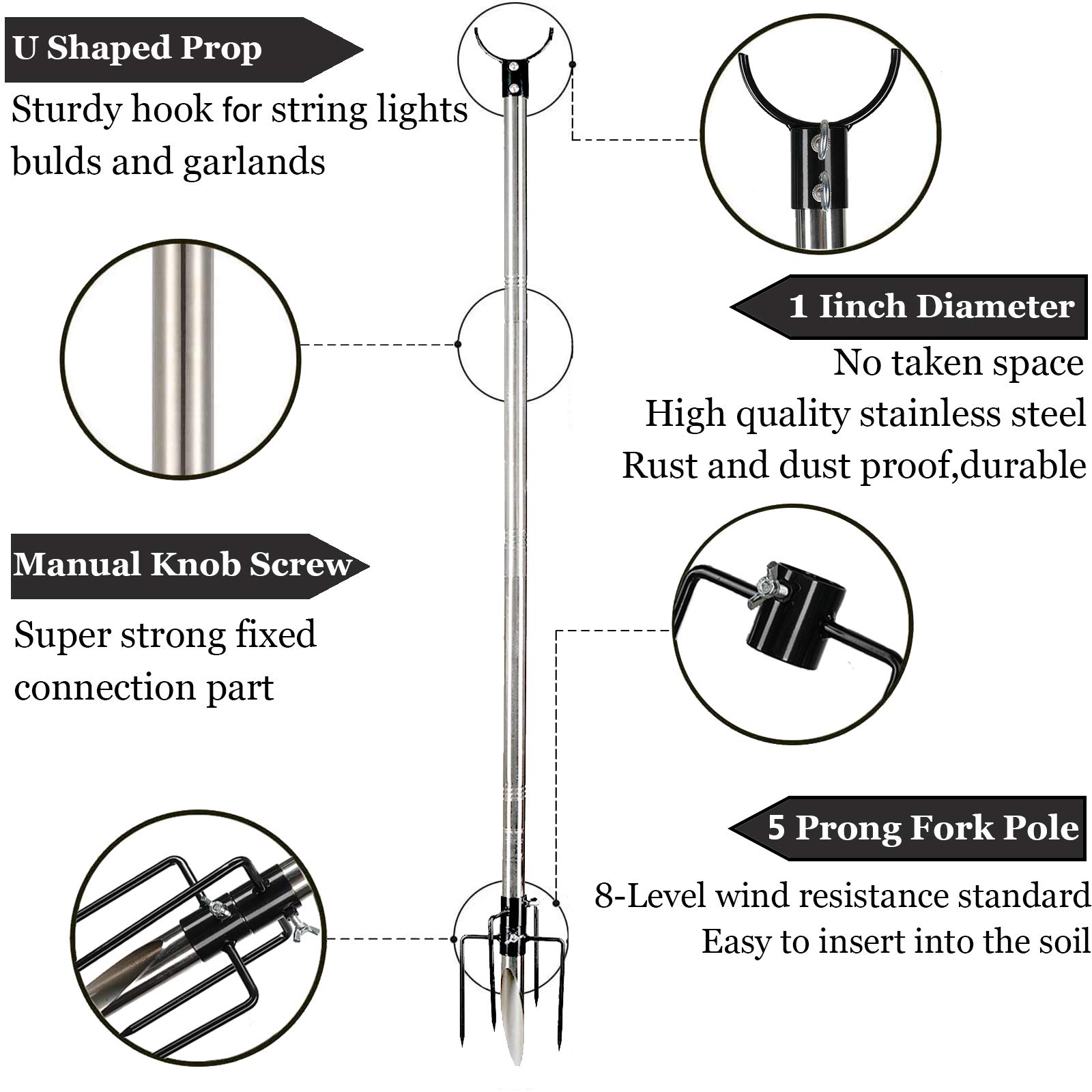 Harrms String Light Poles for Outdoors,10FT Stainless Steel Strong Wind Resistant, LED Solar Hanging String Lights Used for Patio, Courtyard, Garden, Wedding Cafe Party Light Pole Hanger