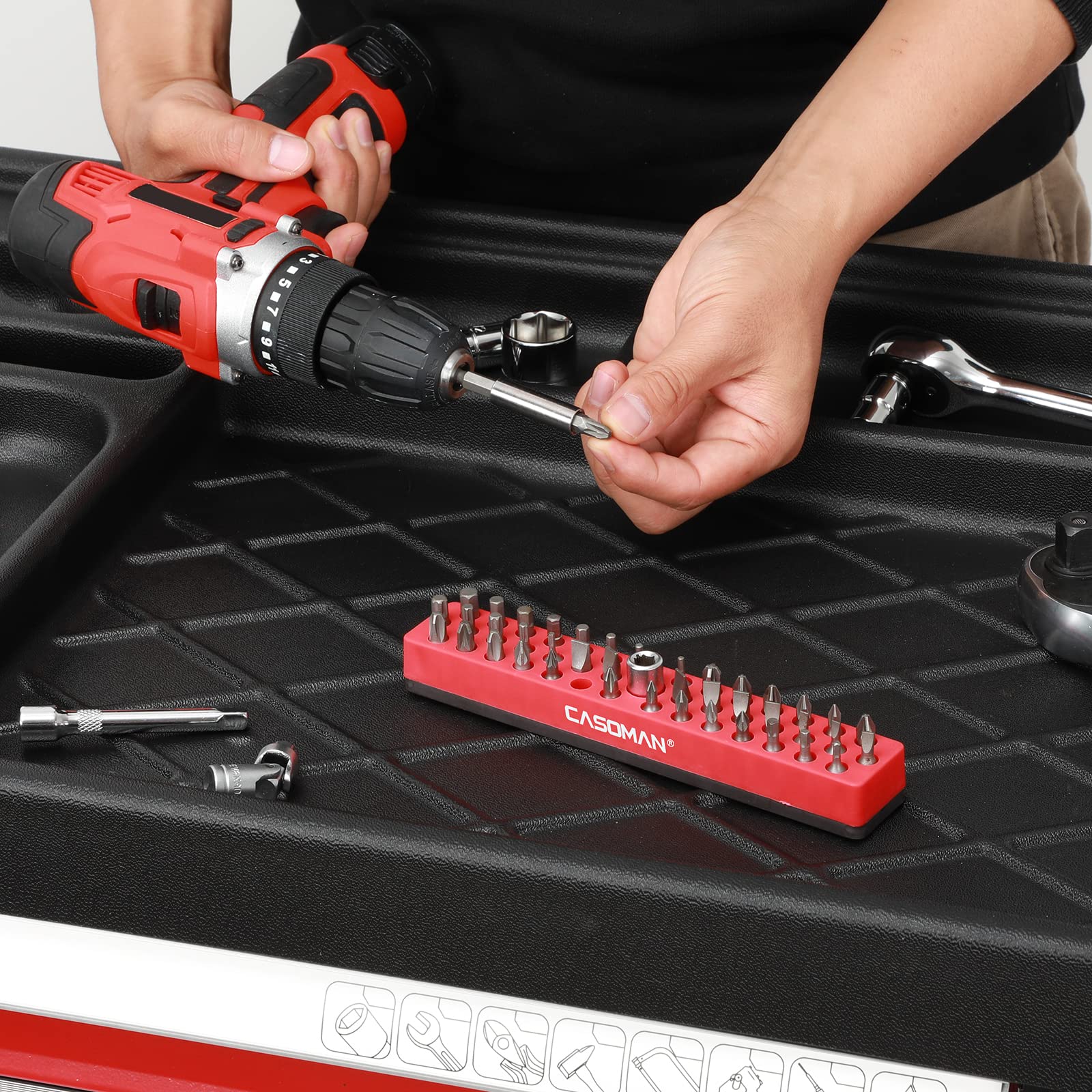 CASOMAN 2PCS 1/4" Hex Bit Organizer with Magnetic Base - Red & Blue, 86 Hole Bit Organizer with Strong Magnetic Base, Magnetic Bit Organizer for Your Specialty
