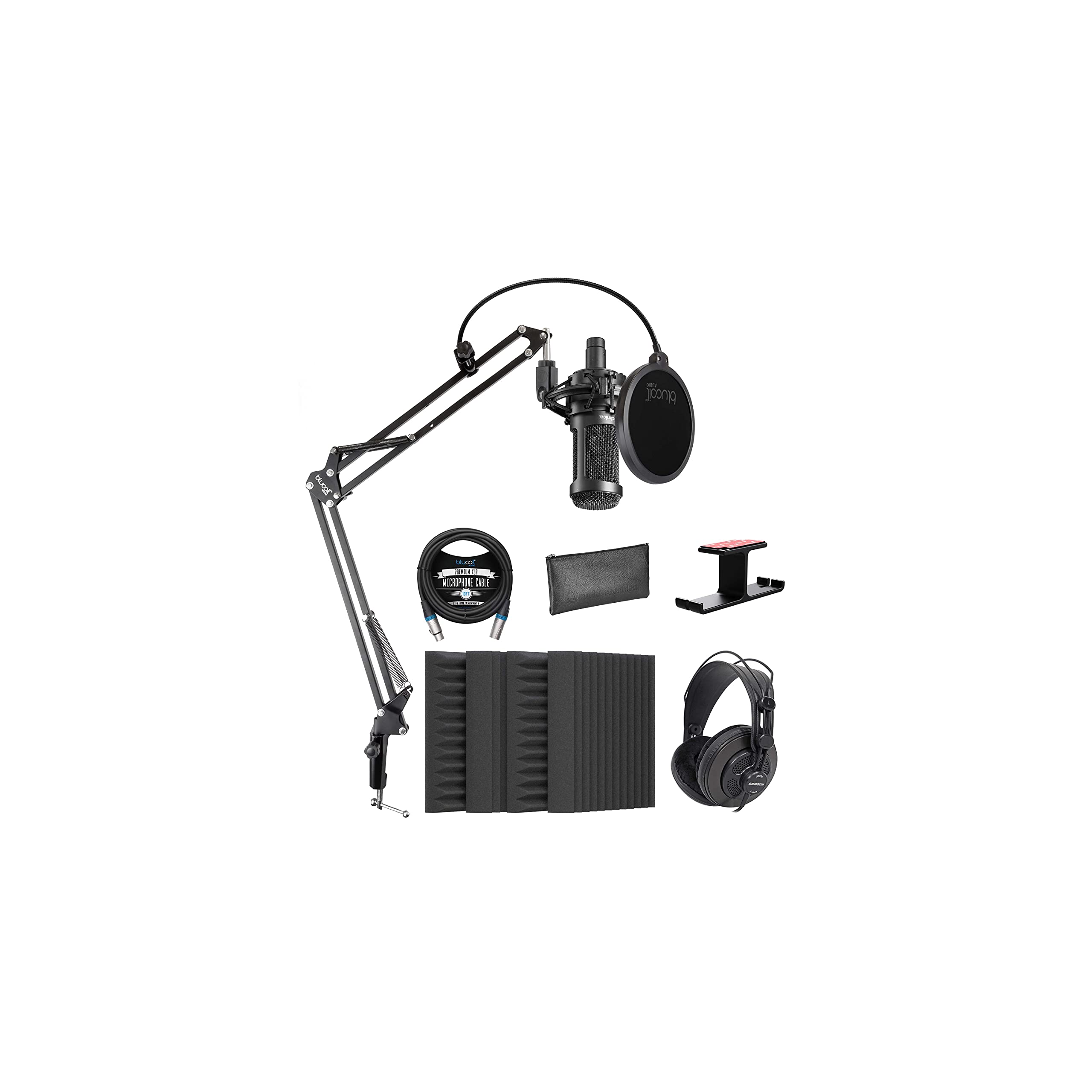 Audio-Technica AT2050 Multi-Pattern Condenser Microphone Bundle with Blucoil 10' XLR Cable, Boom Arm Plus Pop Filter, 4X 12 Acoustic Wedges, Aluminum Headphone Hook, and Samson SR850 Headphones