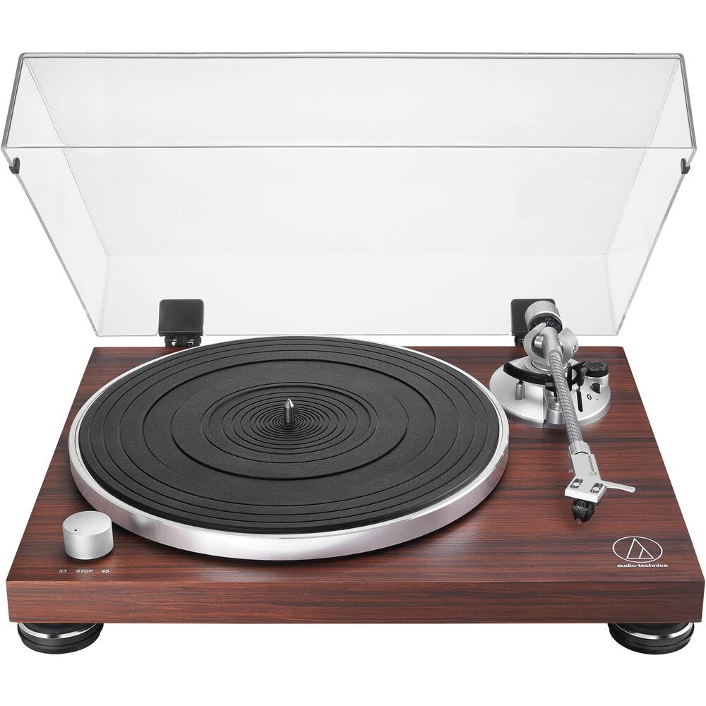 Audio-Technica AT-LPW50BT-RW Bluetooth Turntable Manual Belt-Drive 33/45 (Rosewood) Bundle with Deco Gear 12" Turntable Platter Mat, Vinyl Record Cleaning Fluid System with Brush & Microfiber Cloth