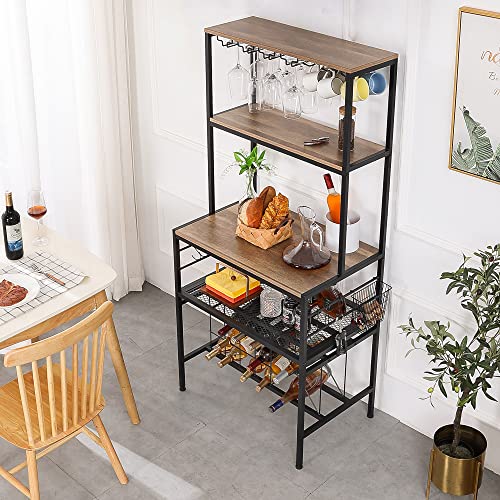 Coffee Bar Cabinet with Glass Holder,Wine Rack Freestanding Floor,Wine Rack Table with Mug Rack and Bottle Holder, Floor Liquor Wine Cabinet Storage, Multi-use Bar Cabinet for Home Kitchen Dining Room