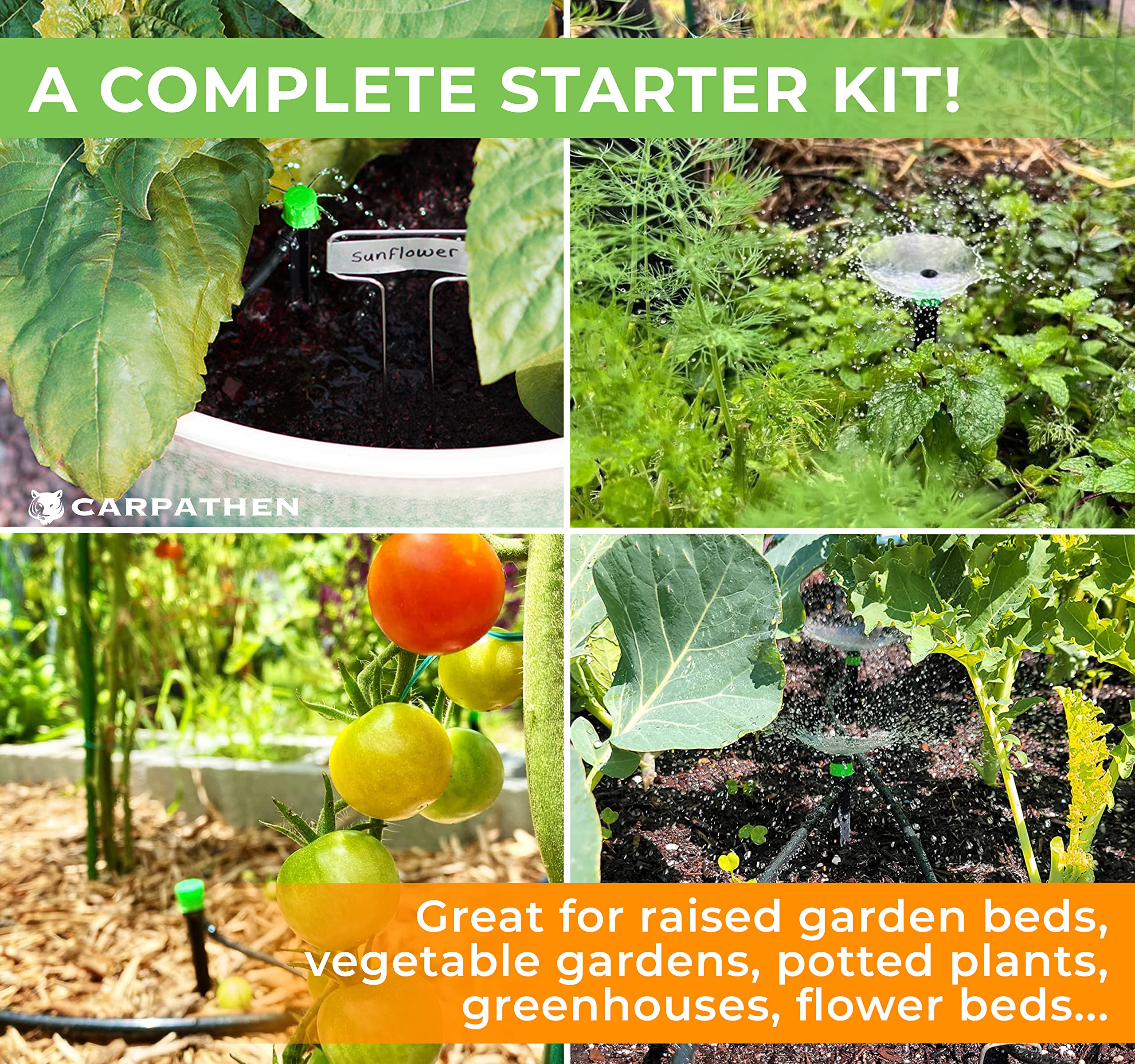 CARPATHEN Drip Irrigation Kit - Adjustable Premium Garden Watering System for Raised Garden Bed, Yard, Lawn + 6 pcs Drip Irrigation Parts - 3 x Female Thread Adapter + 3 End Plugs for 5/16 Mainline