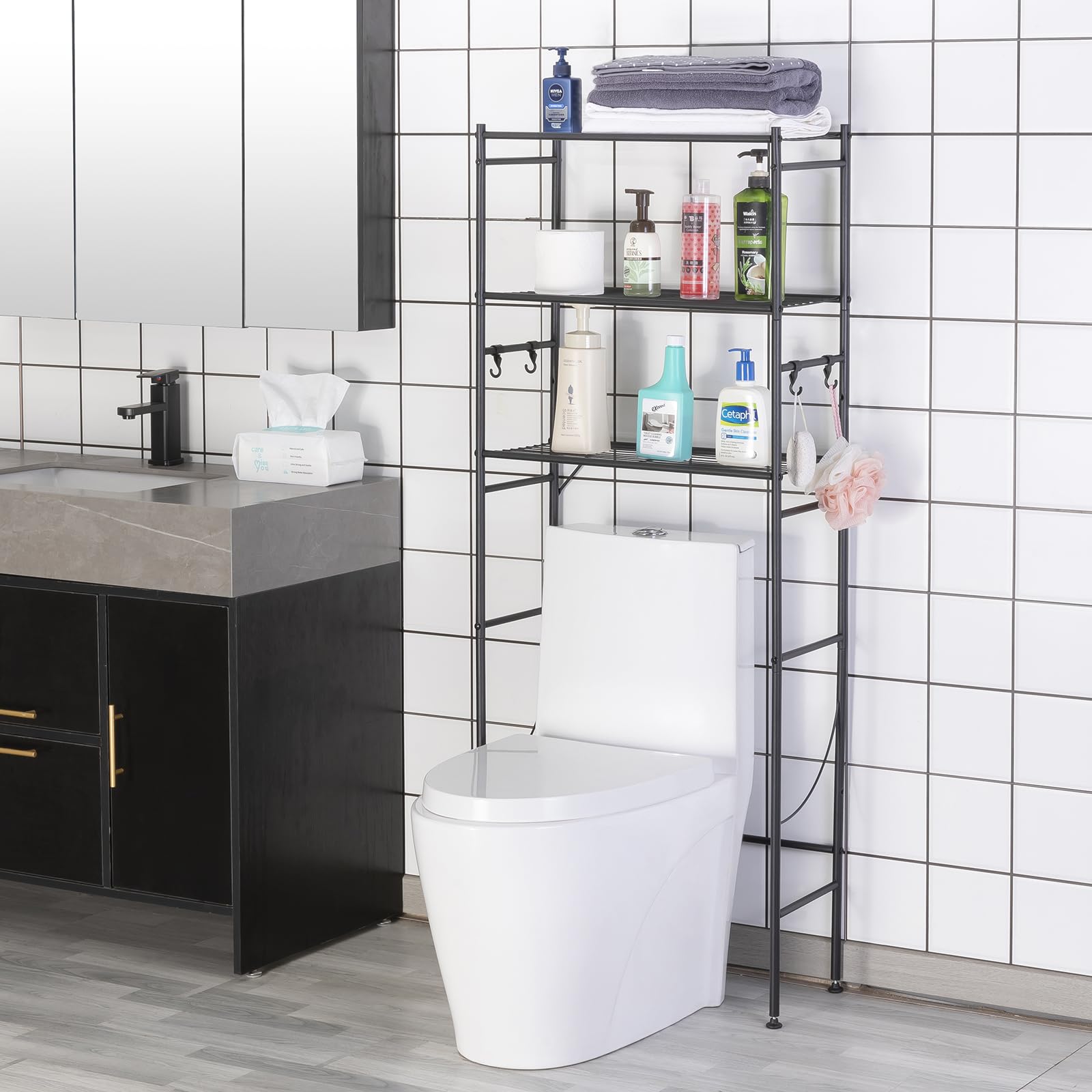 KIMZDA 3-Tier Over The Toilet Storage Rack Bathroom Space Saver Metal Towel Organizer, with 4-Hooks and Adjustable Feet, Black