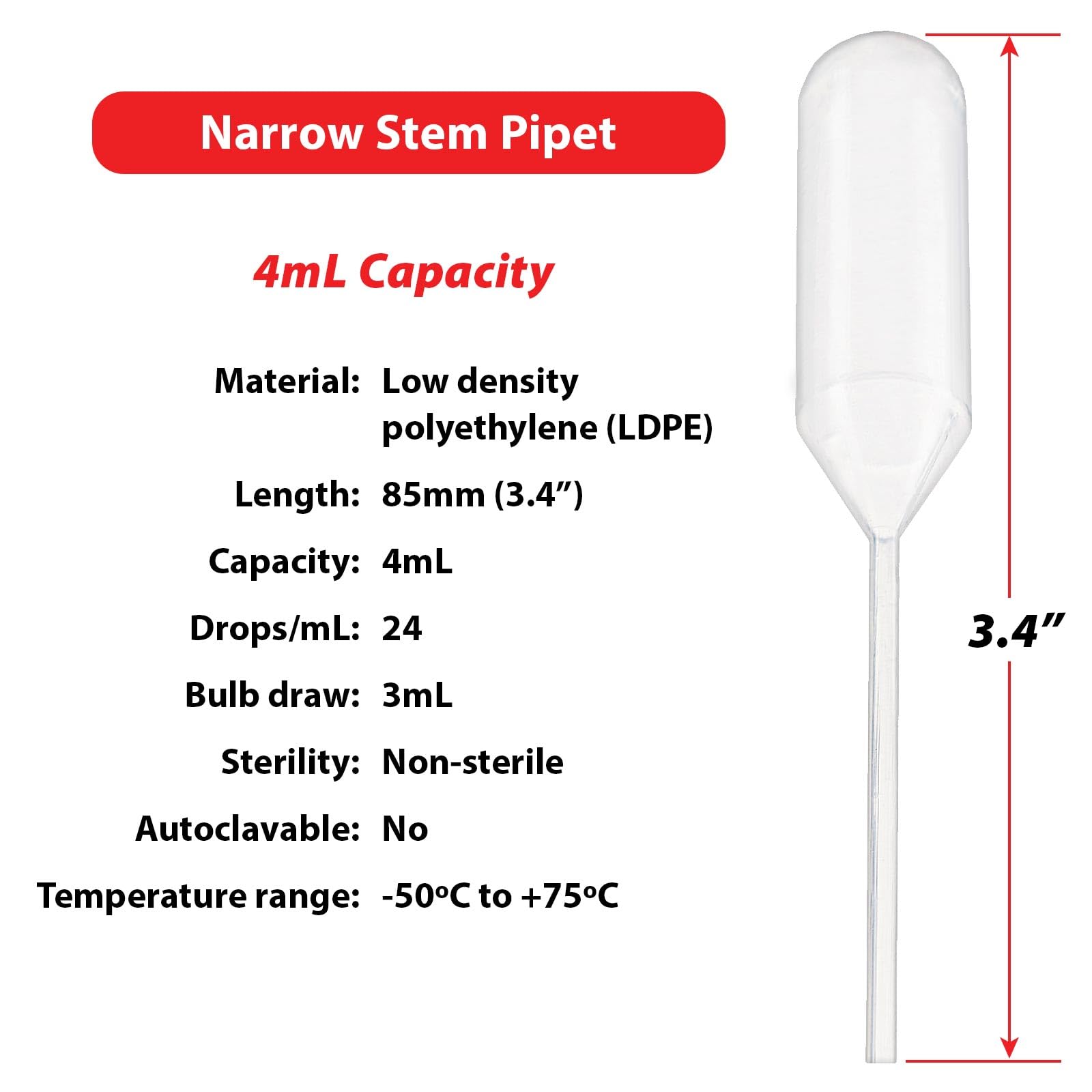 Globe Scientific Transfer Pipet, 136020-500, 4.0mL Capacity, Narrow Stem, Non-Sterile, Short, 85mm Length, Bulb Draw - 3mL, 500/Box