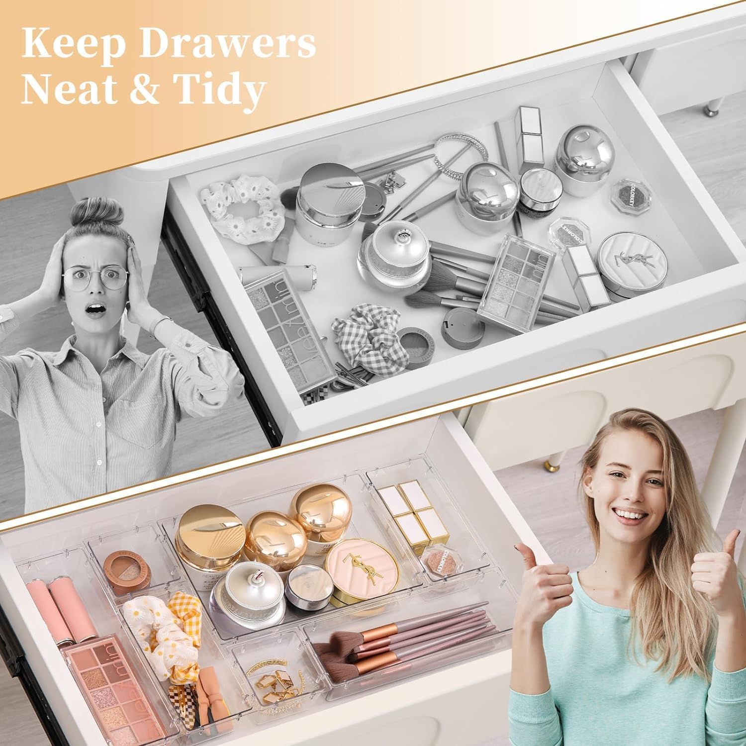 Clear Plastic Drawer Organizer Set - 25 Pcs Desk Makeup Drawer Organizers Trays Divider Versatile Storage Box Bins for Dresser Vanity Jewelry Bathroom Office Supplies Kitchen Utensils Tool Gadgets