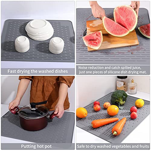 Extra Large Silicone Dish Drying Mat - XL Size 23β x 18β Dish Rack Mat for Kitchen Counter, Heat-resistant Rubber Dish Mat, Non-Slip Silicone Sink Mat, Eco-friendly Counter Top Mat, BPA Free, Grey