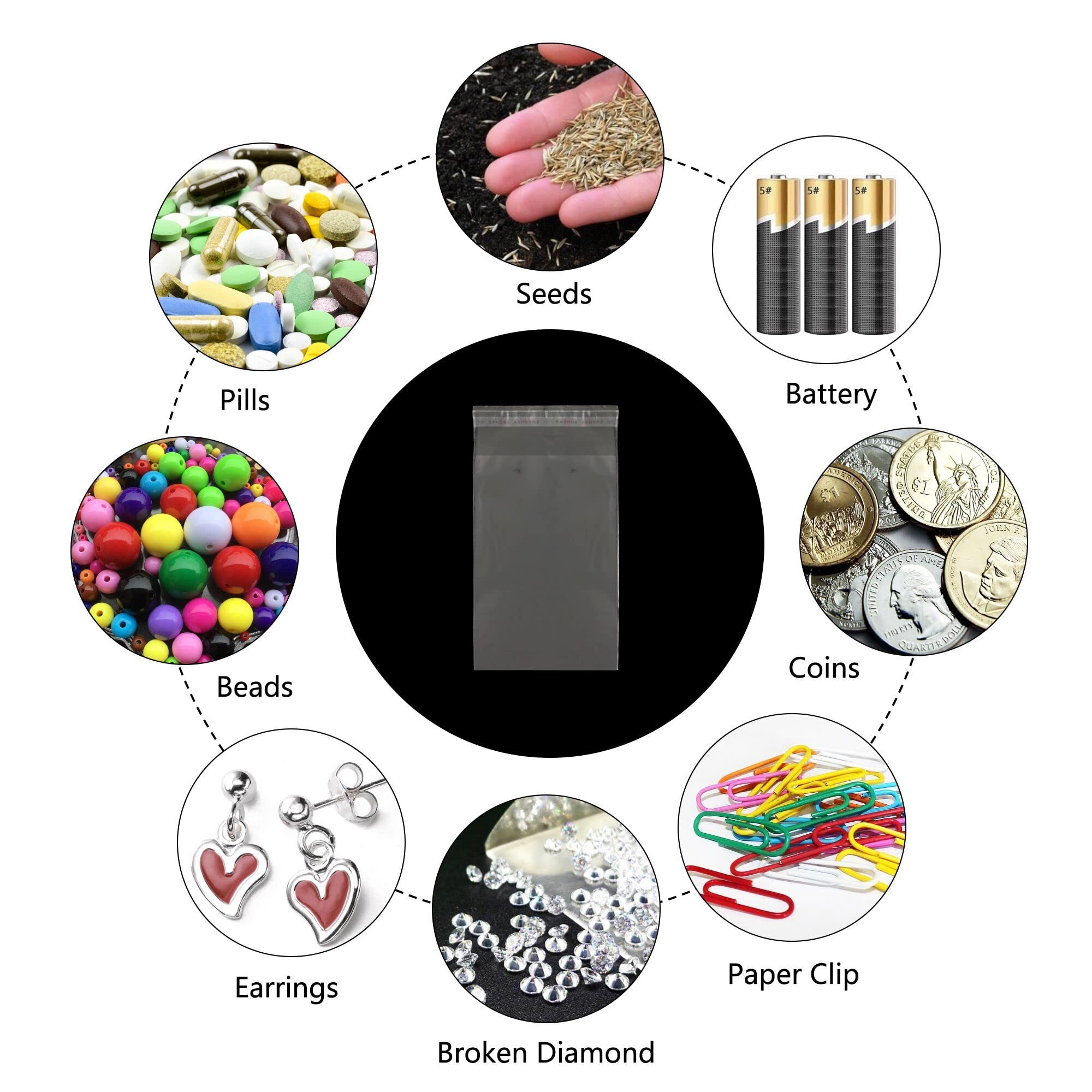 Clear Self Adhesive Cellophane Bags 2x3" Self Stick Cello Baggies 200pcs OPP Poly Glassine Bags 2mil for Seeds Battery Coins Beads Earrings Clip Broken Diamond