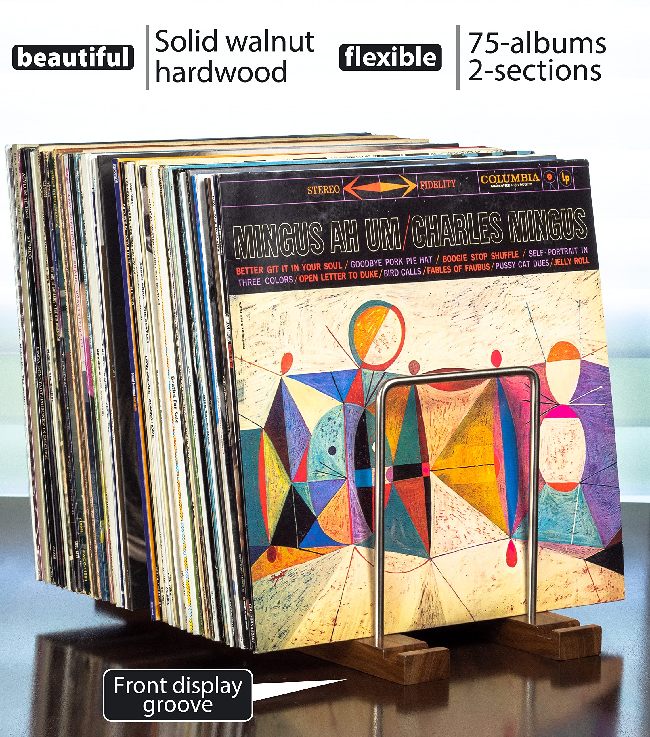 Durable Vinyl Record Storage Holder for 75 LPs, Solid Walnut Vinyl Record Stand with Built-in Now Playing Display, Sleek Vinyl Record Holder & Display for Albums