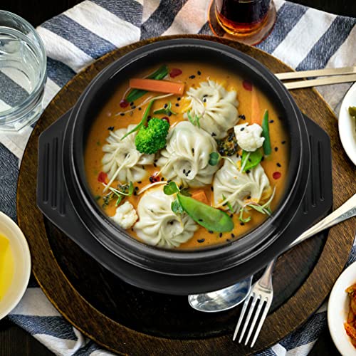 Ceramic Korean Pot Bibimbap Soup Bowl Set Bibimbap Casserole Pot Dolsot Korean Bowl with Lid and Trivet for Home Kitchen Dinnerware Serveware Black